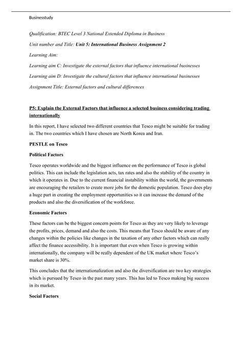 2022 Btec Business Level 3 Unit 5 International Business Assignment 2 Distinction Unit 5