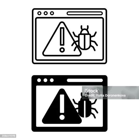 맬웨어 아이콘 웹 사이트 및 악성 바이러스 위험 표시의 흑백 벡터 아이콘입니다 위험한 감염 사이버 공격 컴퓨터 보안 및 프로그래밍 개념 경계 표지에 대한 스톡 벡터 아트 및