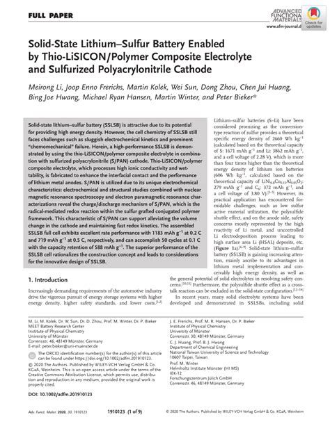 Pdf Solid State Lithium Sulfur Battery Enabled By Thio Lisiconpolymer Composite Electrolyte