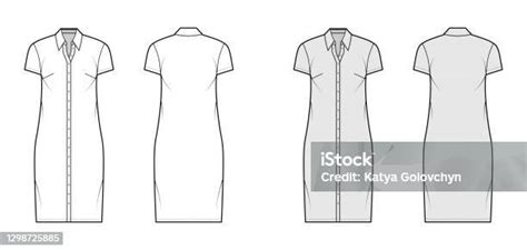 클래식 한 레귤러 칼라 무릎 길이 오버사이즈 반소매 버튼 업 셔츠 드레스 테크니컬 패션 일러스트 0명에 대한 스톡 벡터 아트 및 기타 이미지 Istock