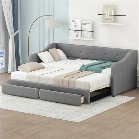 Free Shipping Euroco Upholstered Twin Xl To King Daybed With Storage Trundle And Drawers Gray