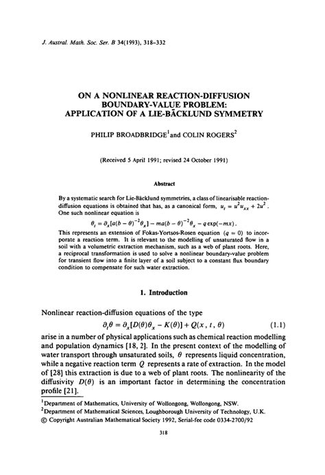 Pdf On A Nonlinear Reaction Diffusion Boundary Value Problem Application Of A Lie Bäcklund