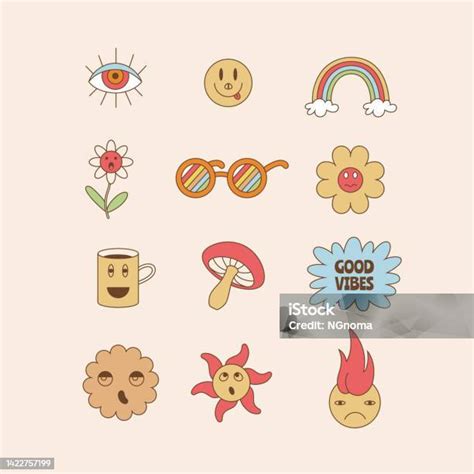 히피 스타일의 디자인 요소의 벡터 세트 아이콘 패치 및 스티커 디자인 요소에 대한 스톡 벡터 아트 및 기타 이미지 디자인 요소 산성 0명 Istock