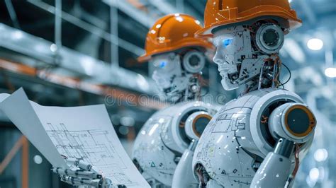 Robots In Construction Site Holding Blueprints Analyzing Architecture