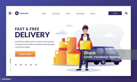 택배 서비스 배너 디자인 템플릿입니다 택배는 소포를 보유하고 있습니다 남자는 포스트 골판지 상자를 운반합니다 벡터 일러스트레이션 미니 밴에 대한 스톡 벡터 아트 및 기타