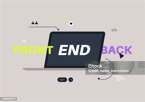 프론트엔드 및 백엔드 개발의 개념을 보여주는 창의적인 노트북 그래픽으로 디지털 상호 작용 및 프로그래밍 코딩을 나타내는 동적 요소가 있습니다 가상현실에 대한 스톡 벡터 아트