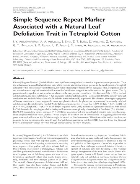 PDF Simple Sequence Repeat Marker Associated With A Natural Leaf Defoliation Trait In