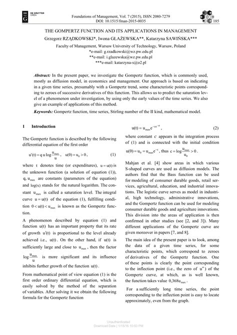 Pdf The Gompertz Function And Its Applications In Management