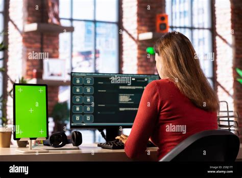 Freelancer Interacting With Smart Ai Virtual Assistant Next To Mockup Screen Using Innovative