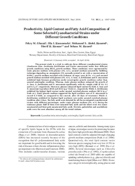 Pdf Productivity Lipid Content And Fatty Acid Composition Of Some Selected Cyanobacterial