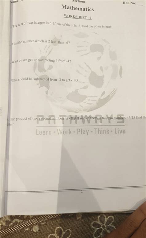 Section Mathematicsroll Noworksheet 11 The Sum Of Two Integers I