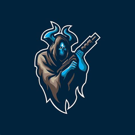 배지 엠블럼 및 티셔츠 인쇄에 대한 개념 스타일이 있는 사신 마스코트 로고 디자인 벡터입니다 프리미엄 벡터