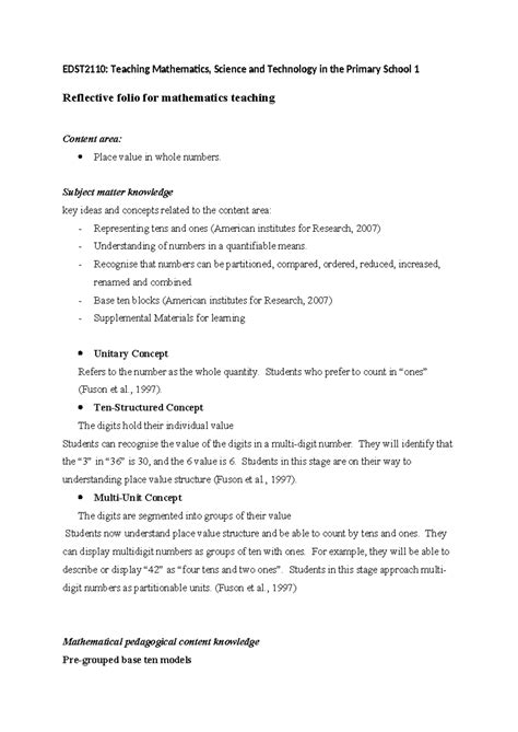 Reflective Folio Assignment 1 Pass Grade Edst2110 Teaching Mathematics Science And