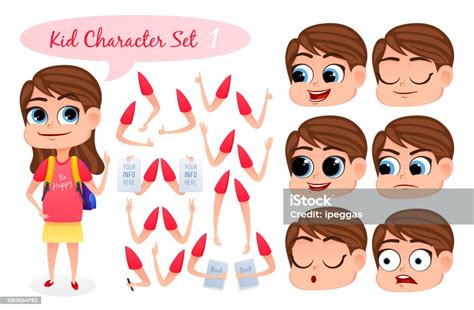 아이가 문자 디자인 작업 및 애니메이션에 대 한 신체의 부분으로 설정 합니다 얼굴 및 바디 요소입니다 당신의 장면에 대 한 여자의 문자입니다 벡터 일러스트입니다 아이에 대한
