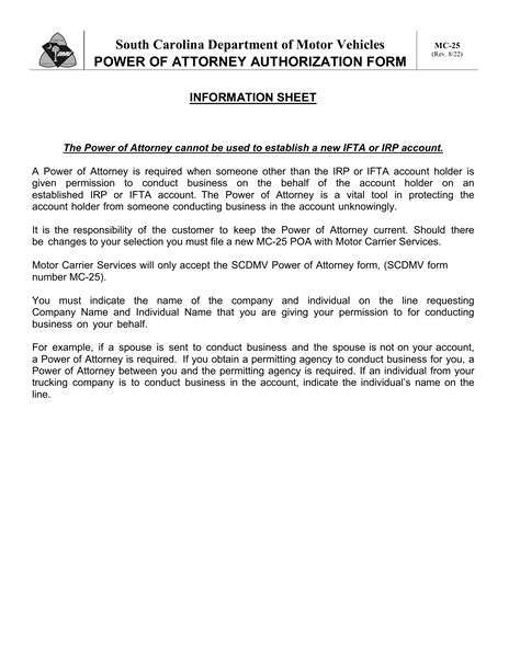 SCDMV Form MC 25 Power Of Attorney Authorization Form Forms Docs 2023