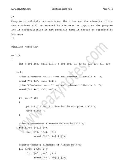 Program To Multiply Two Matrices Pdf