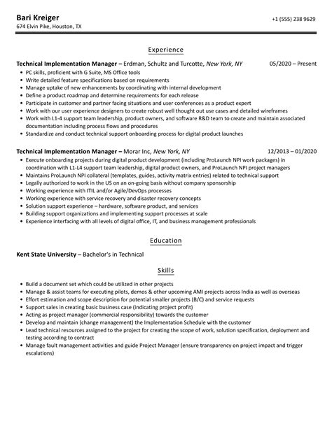 Technical Implementation Manager Resume Samples Velvet Jobs