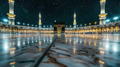 Night View Of Kaaba Minaret Reflections Premium Ai Generated Image