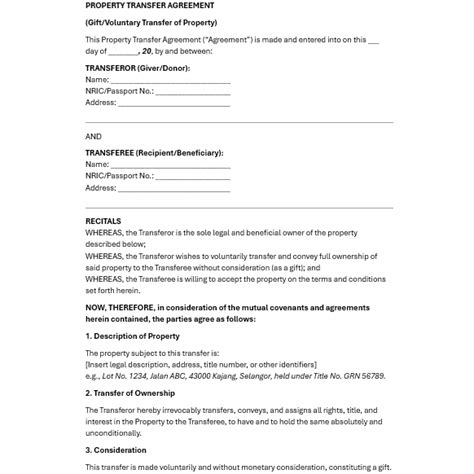 Property Transfer Agreement Editable Sample Document Word Files
