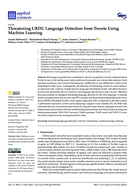 Pdf Threatening Urdu Language Detection From Tweets Using Machine Learning