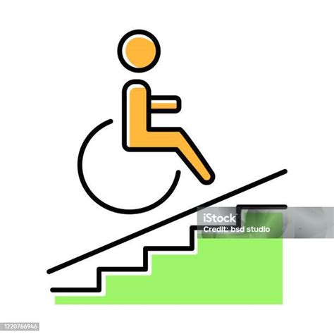 휠체어 액세스 녹색 색상 아이콘입니다 장애인이 이용할 수 있습니다 장애인을위한 시설 휠체어 경사로 표지판 아파트 편의 시설 건축 장벽 격리 벡터 일러스트레이션 장애에 대한