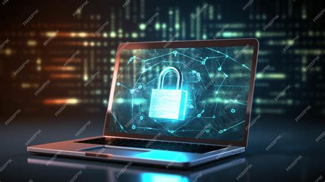 Premium Ai Image Laptop Computer With Lock On Screen Cyber Security Concept