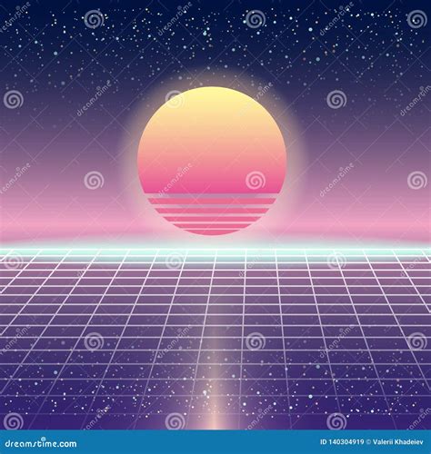 Synthwave Retro Futuristic Landscape With Sun And Styled Laser Grid