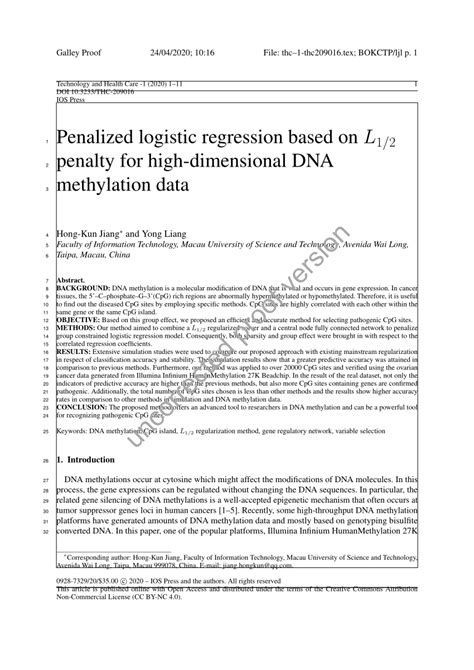 Pdf Penalized Logistic Regression Based On L1 2 Penalty For High Dimensional Dna Methylation Data
