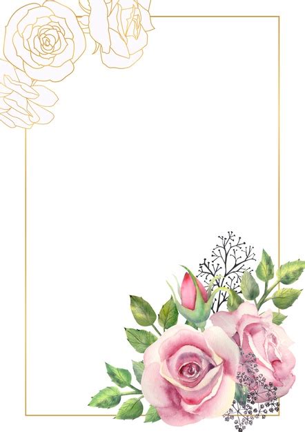 Вертикальная золотая рамка с акварельными цветами Премиум Фото Розовые розы Рамки