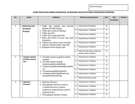 1 form penilaian kebersihan lingkungan form penilaian lomba kebersihan keindahan dan