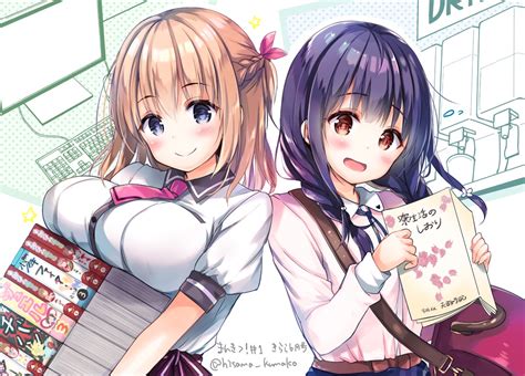 2girls Blue Hair Blush Book Braids Brown Hair Hisama Kumako Original