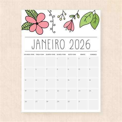 Calendário 2026 Para Imprimir Português · Modelos Pdf