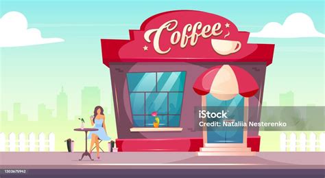 보도 플랫 컬러 벡터 일러스트에 커피 숍 카페 밖에서 브런치를 하는 사람 레스토랑 외관 벽돌 건물의 상점 앞 배경에 여자와 현대
