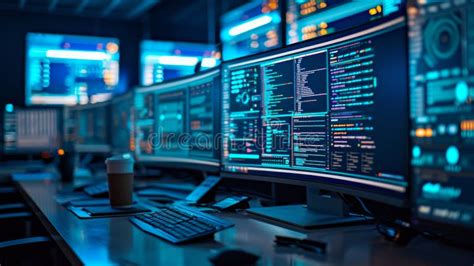 High Tech Workstation With Multiple Computer Monitors Displaying Graphs And Analytical Data Ai