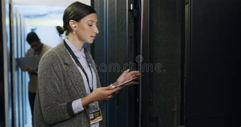 Happy Woman In Datacenter With Tablet Smile And Network Administration Engineer In Digital