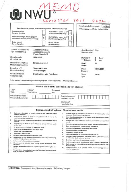 Semester Test Memo W NWU R SEMG STGR TEST 2024 Calculators Sakrekenaars No Nee Requirements