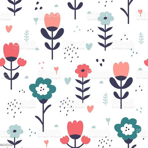 손으로 그린 꽃 요소 매끄러운 패턴 스칸디나비아 스타일의 다른 꽃과 허브 꽃이 피는 여름 초원 플랫 벡터 배경 식물 포장 지 인쇄 디자인 벽지 직물 갈란투스에 대한 스톡
