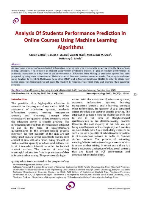 Pdf Analysis Of Students Performance Prediction In Online Courses Using Machine Learning