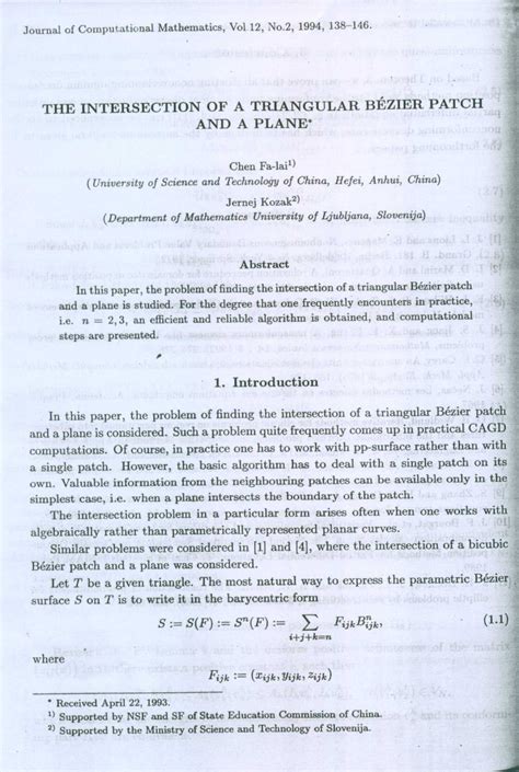 Global Science Press The Intersection Of A Triangular Bézier Patch And