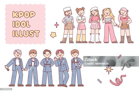 무대 의상을 입은 귀여운 Kpop 아이돌 캐릭터 그녀는 나란히 서서 웃으며 인사하고 있습니다 걸 그룹 팀과 보이 그룹 팀 K Pop에 대한 스톡 벡터 아트 및 기타 이미지