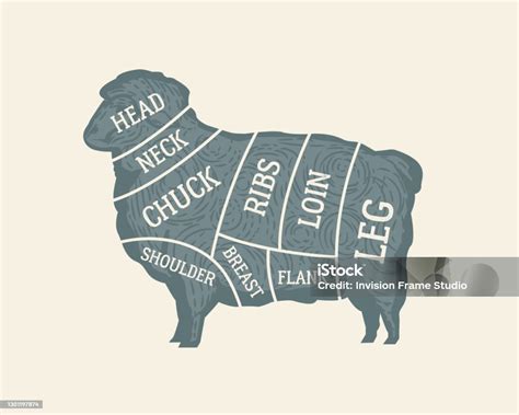 양고기 다이어그램의 컷 정육점 가이드 포스터 양 실루엣 고기 컷 차트 빈티지 포스터 도살장 식료품점 고기 가게 레스토랑 배너