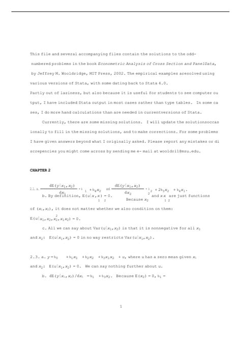 Econometric Analysis Of Cross Section And Panel Data Woolridge Solution Econometric Analysis