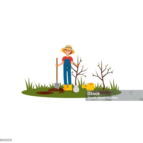 정원에서 나무를 심는 행복 한 여자 젊은 Armer 전반적인 파란색 빨간색 티셔츠 고무 장화와 밀 짚 모자 평면 벡터 디자인 T 셔츠에 대한 스톡 벡터 아트 및 기타 이미지