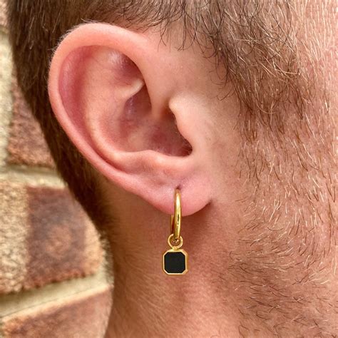 Mens Earrings 18k Gold Dangle Earrings Men Black Onyx Gemstone