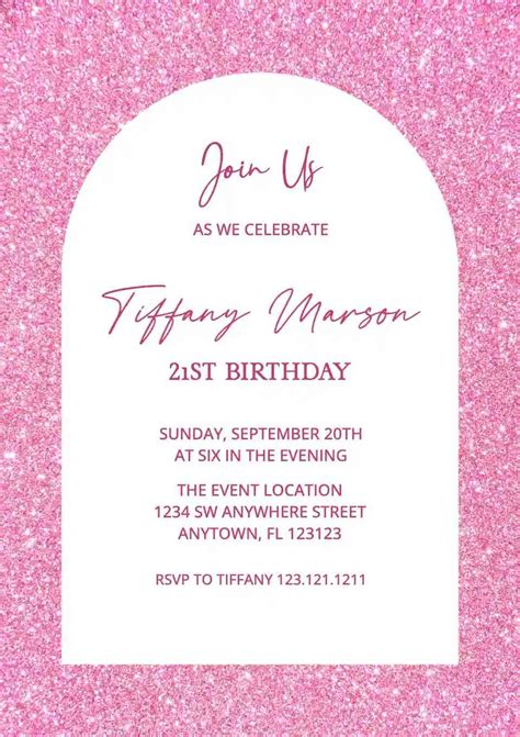 핑크 반짝이 아치 무료 성인 생일 초대장 템플릿 Invitanku