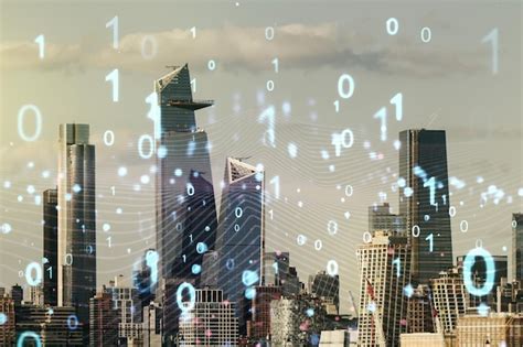 Premium Photo Abstract Virtual Binary Code Hologram On New York Cityscape Background Ai And