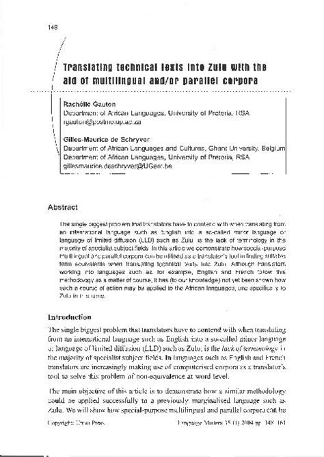 Translating Technical Texts Into Zulu With The Aid Of Multilingual Andor Parallel Corpora