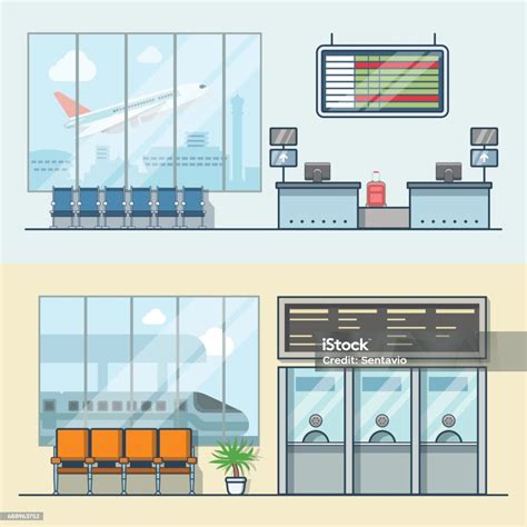 공항 등록 접수처 철도 기차 역 티켓 데스크 사무실 인테리어 실내 설정합니다 선형 스트로크 윤곽선 평면 스타일 벡터 아이콘입니다 컬러 아이콘 컬렉션입니다 공항에 대한 스톡