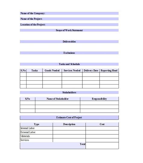 Scope Of Work Excel Template