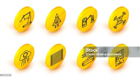 세트 라인 전자 컴퓨터 구성 요소 마더 보드 디지털 칩 사물 인터넷 액션 카메라로 비행하는 드론 산업용 기계 로봇 로봇 팔 손 및 공장 아이콘 벡터 3차원 형태에 대한 스톡